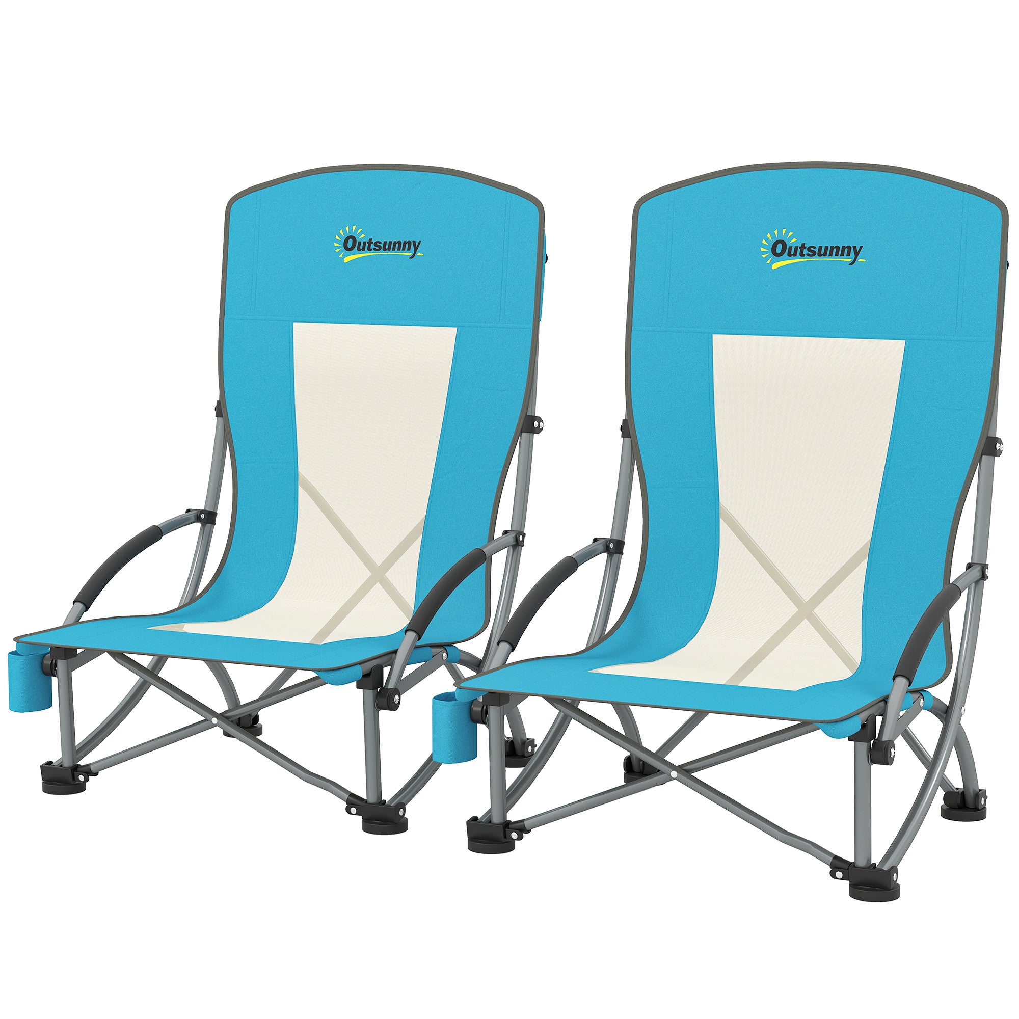 Sæt med 2 foldbare campingstole med kopholder og ryglæn i net, blå ...