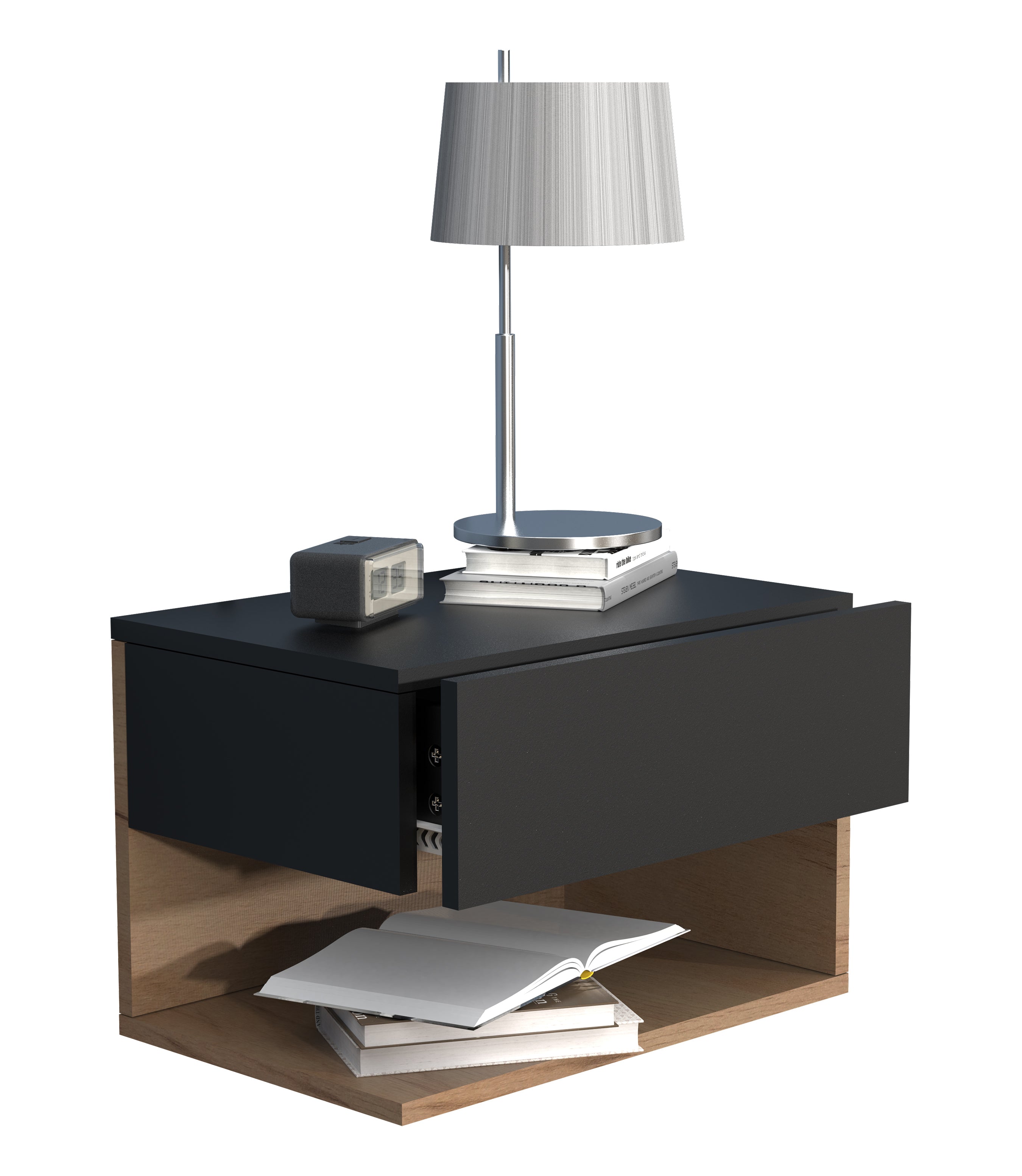 Vægbord / sengebord, 30 x 45 x 32 cm, sort og naturfarvet – Lammeuld.dk